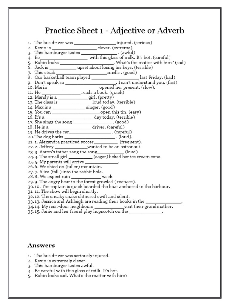 Practice Sheet 1 - Adjective or Adverb | PDF | Leisure