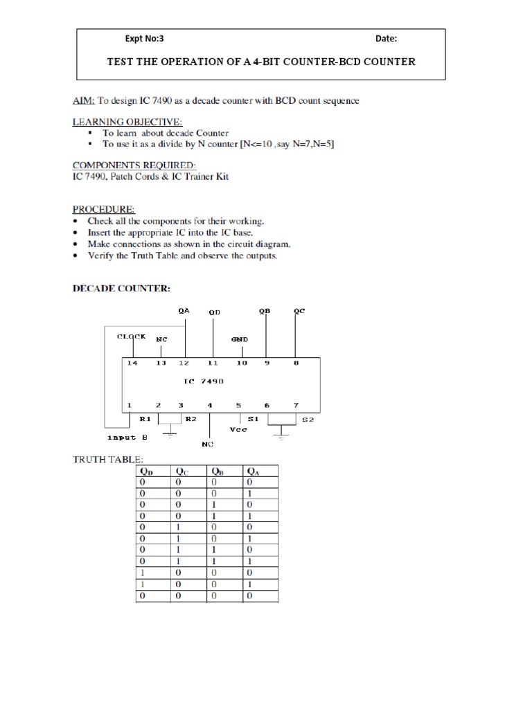 Test The Operation of A 4-Bit Counter-Bcd Counter: Expt No:3 Date | PDF ...