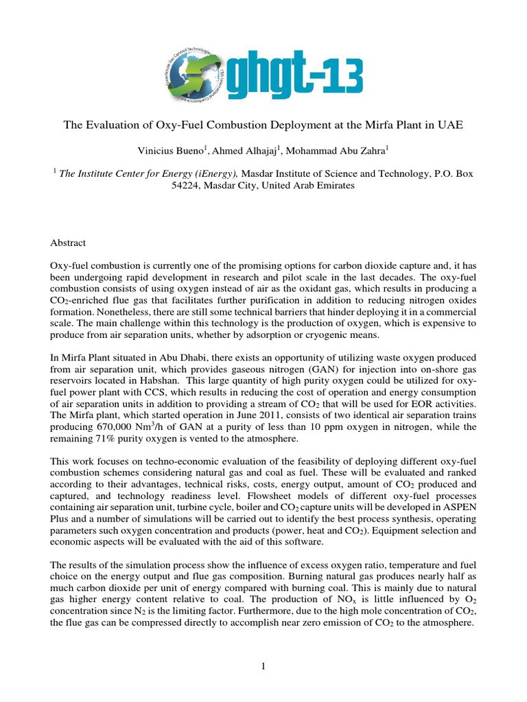The Evaluation of Oxy-Fuel Combustion Deployment at The Mirfa Plant in ...