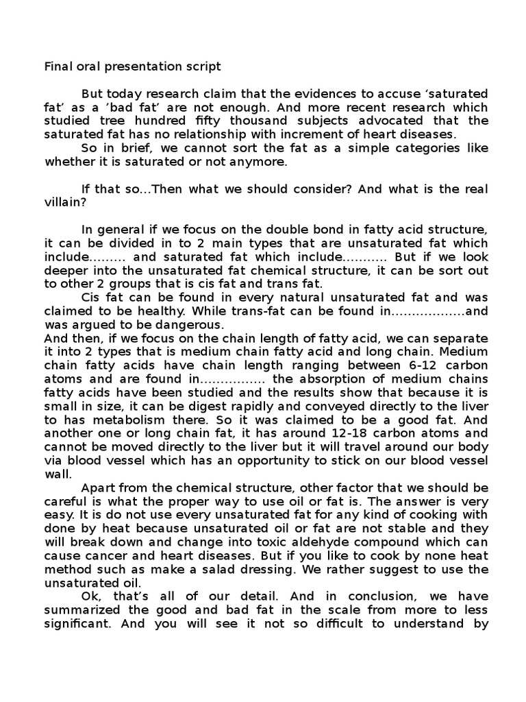 True Final Oral Presentation Script | Fat | Saturated Fat