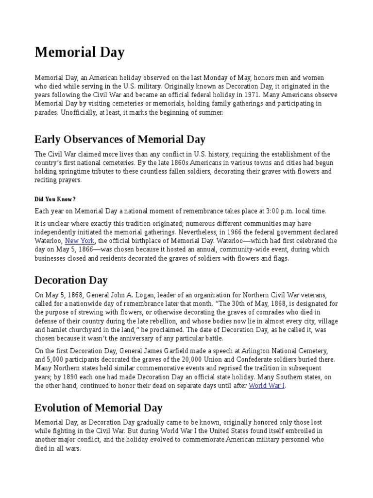 Early Observances of Memorial Day | PDF | Memorial Day | Public Holiday