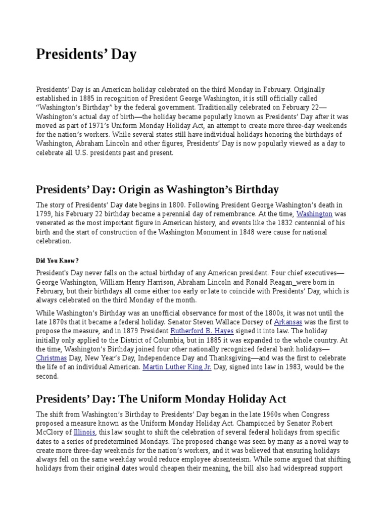 Presidents' Day: Origin As Washington's Birthday | PDF | Travel