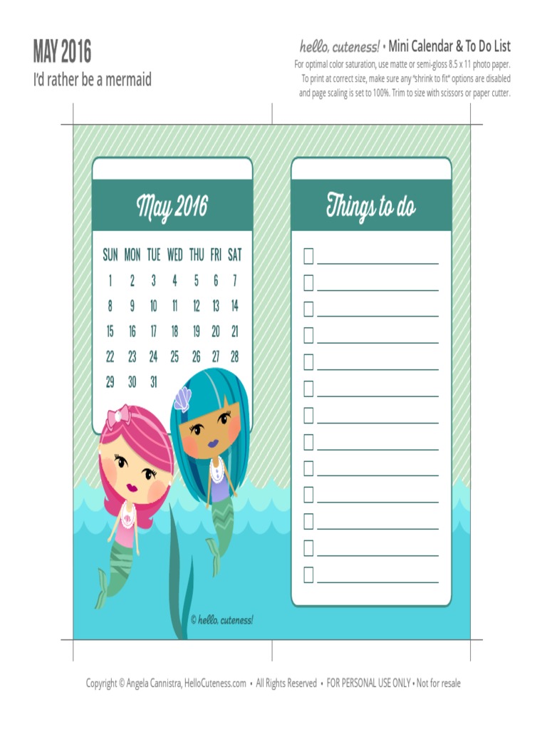 I D Rather Be A Mermaid: Mini Calendar & To Do List | PDF | Cooking ...