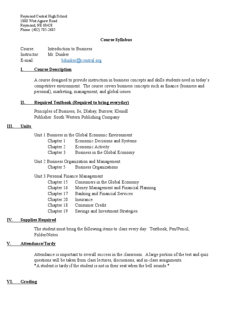 Introduction To Business Course Syllabus Final | PDF | Homework | Pedagogy