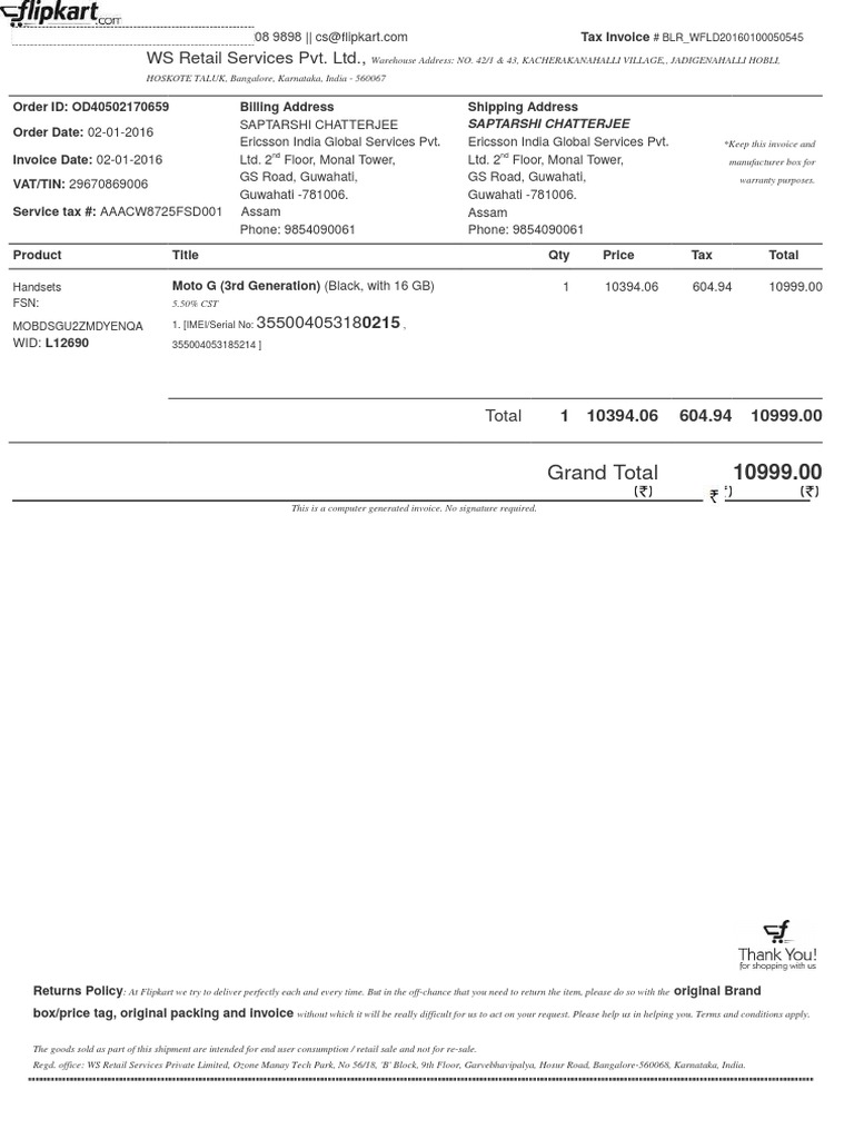 WS Retail Services Pvt. LTD.,: Grand Total | PDF