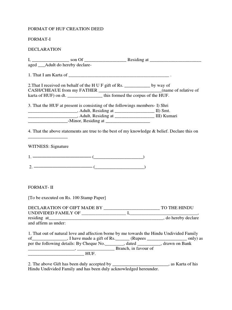 Format for Creating a Hindu Undivided Family (HUF) Deed of Gift | PDF