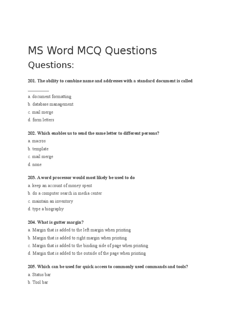 MS Word MCQ Questions: A Comprehensive Collection of Multiple Choice ...