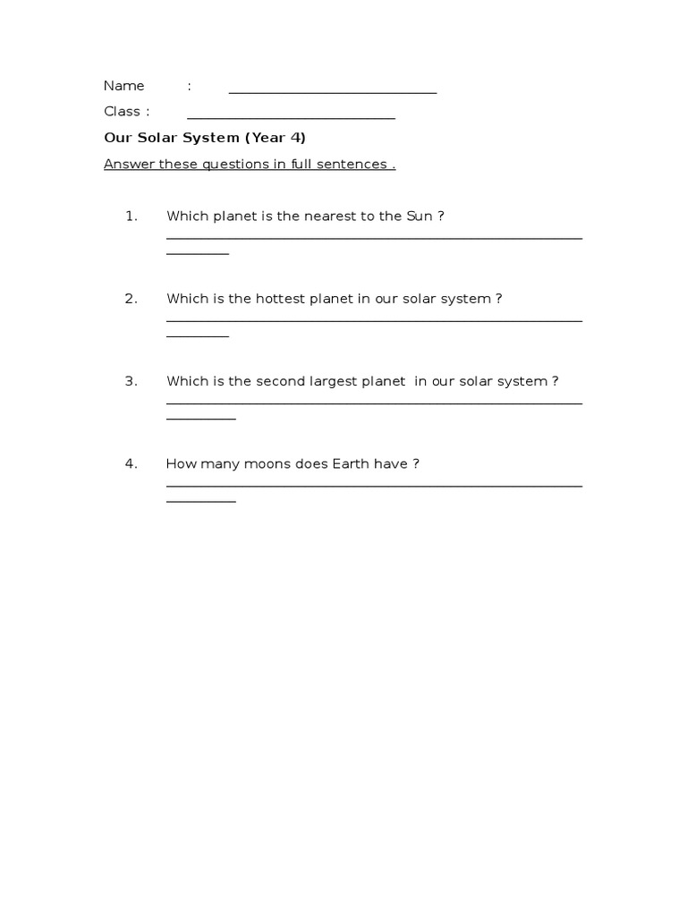 Our Solar System Questions Yr 4 | PDF
