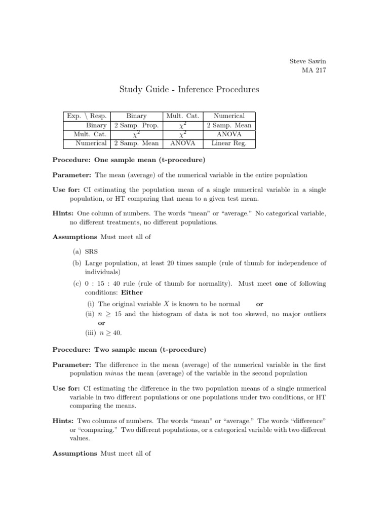 Study Guide - Inference Procedures | PDF | Ordinary Least Squares ...