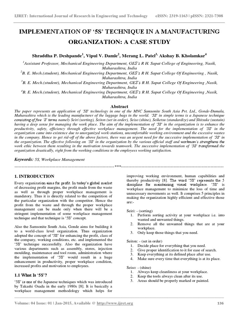Implementation of 5S' Technique in A Manufacturing Organization: A Case ...