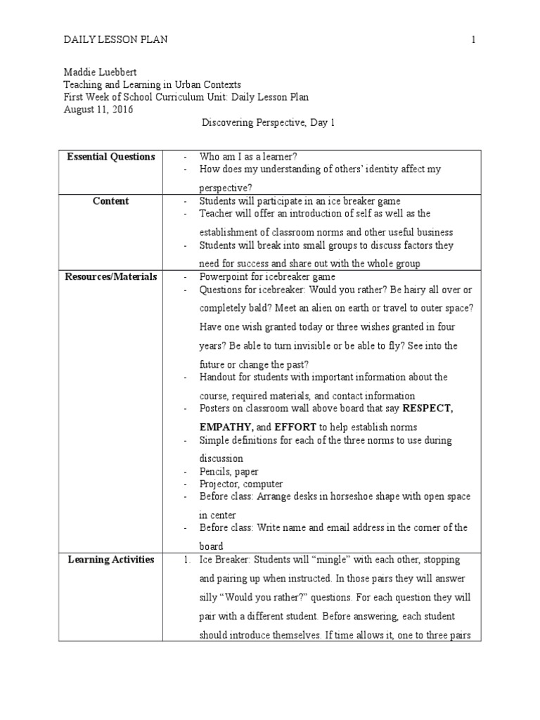 educ 554 daily lesson plan | Lesson Plan | Classroom