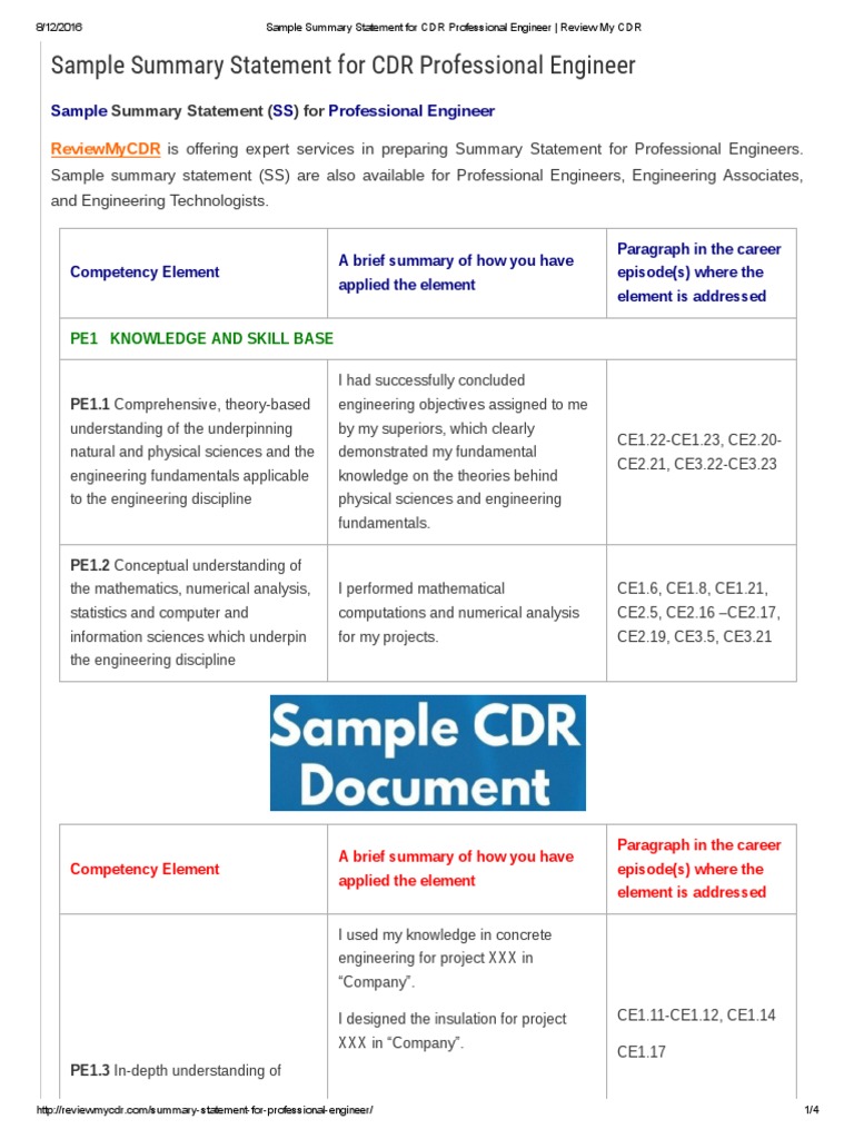 Sample Summary Statement For CDR Professional Engineer - Review My CDR | Download Free PDF ...