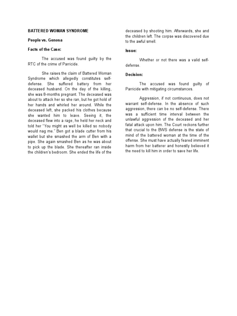 Battered Woman Syndrome People vs. Genosa Facts of The Case: Issue | PDF