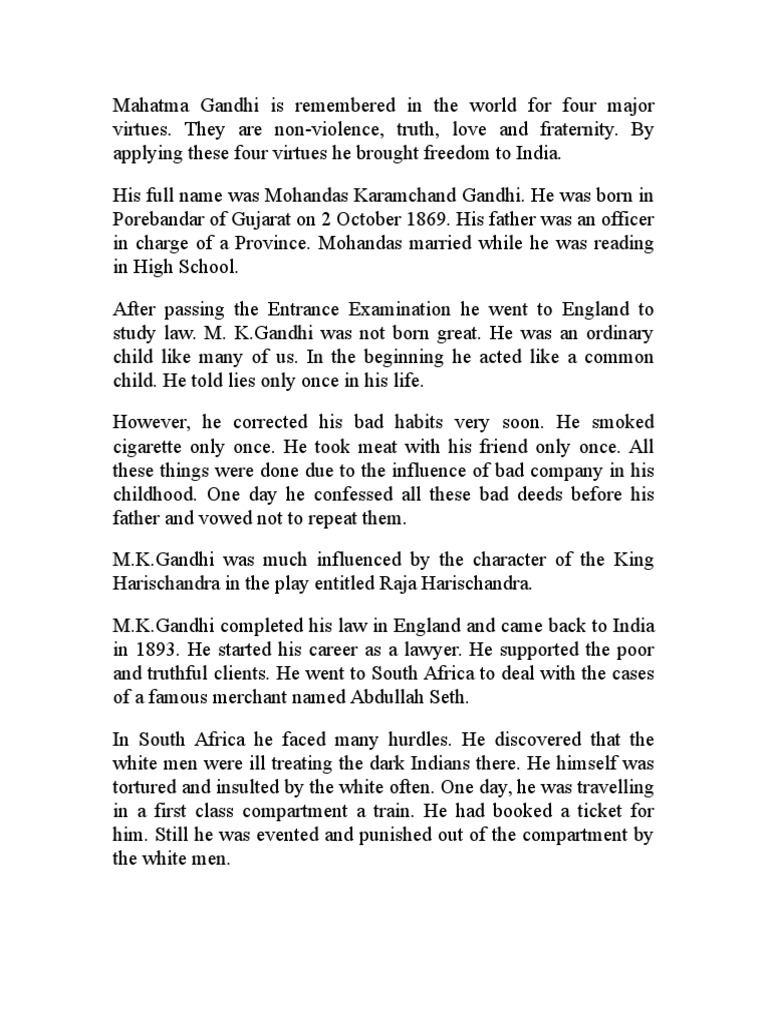 Mahatma Gandhi Essay | PDF | Mahatma Gandhi | Religion And Belief