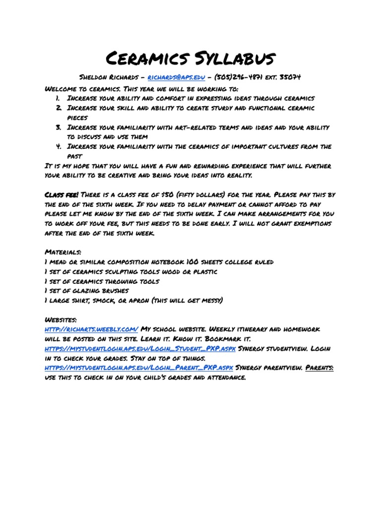 Ceramics Class Syllabus Overview | PDF | Career & Growth | Wellness