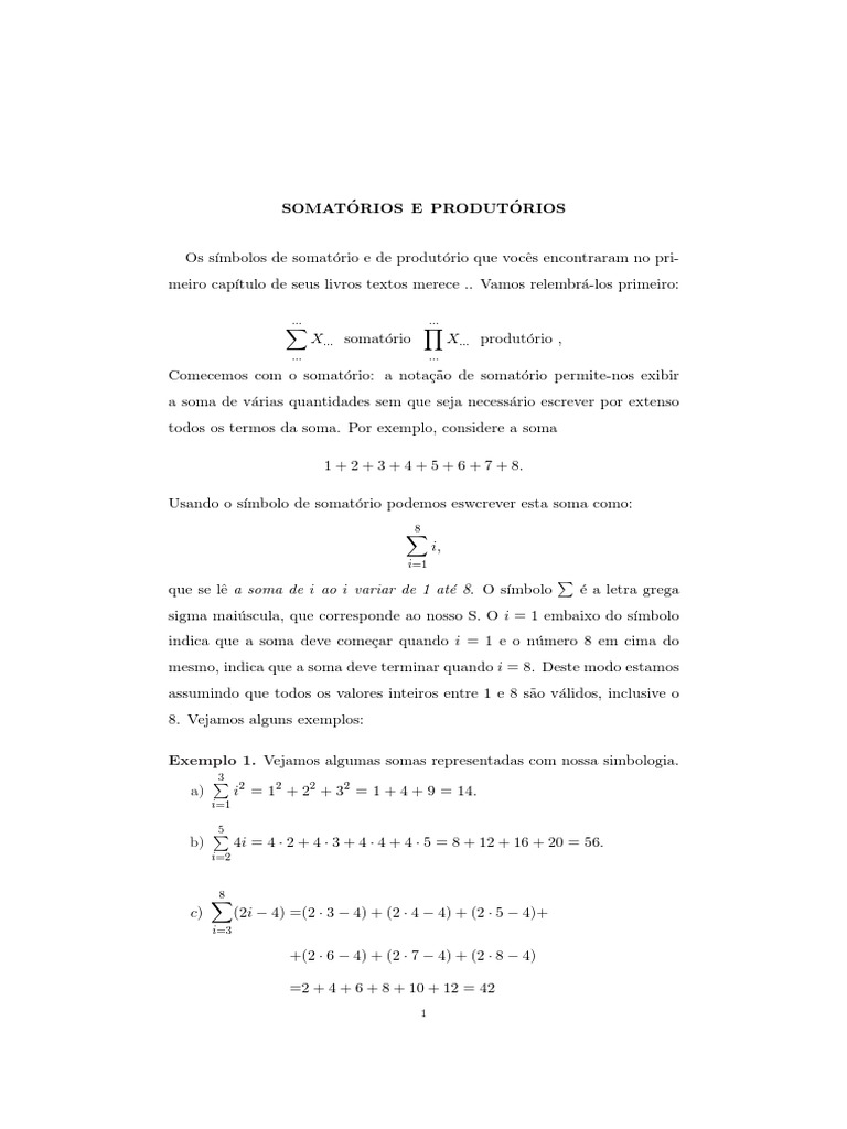 Somatórios e Produtórios | PDF | Conceitos matemáticos | Ensino de ...