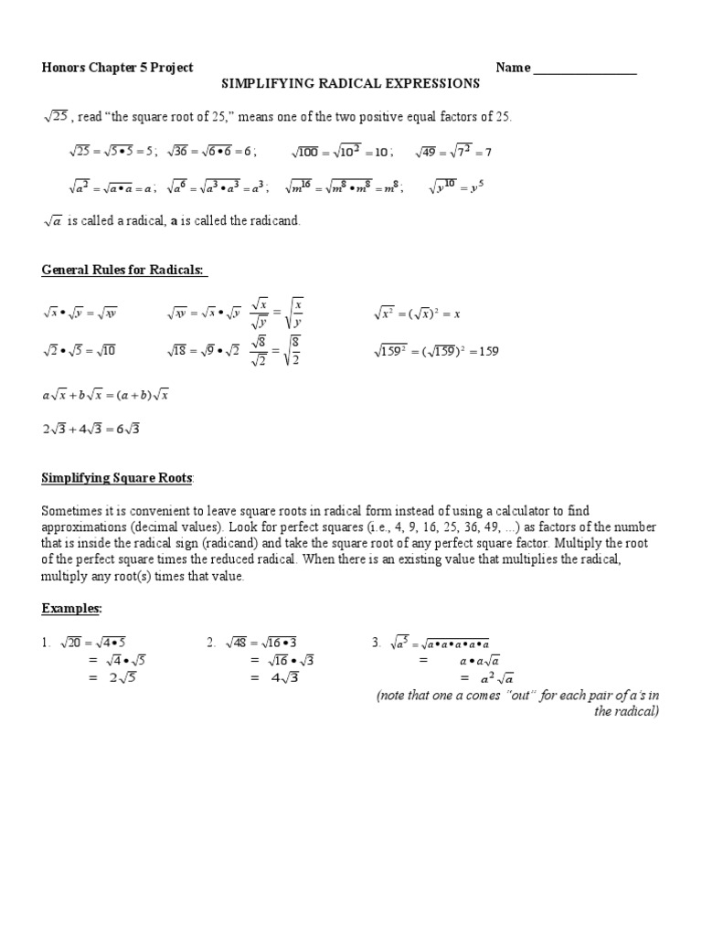 Simplifying Radical Expressions Guide | PDF