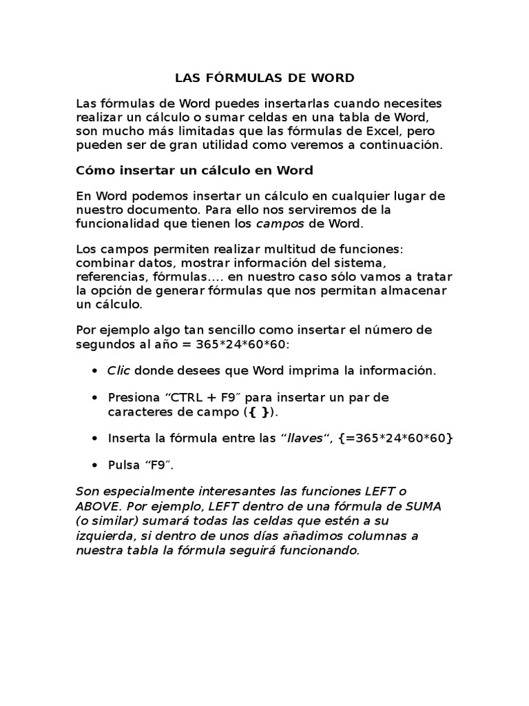 Las Fórmulas de Word | PDF