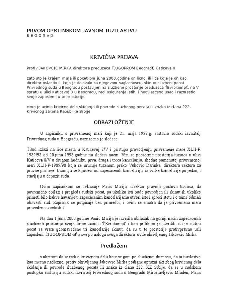 Krivicna Prijava | PDF