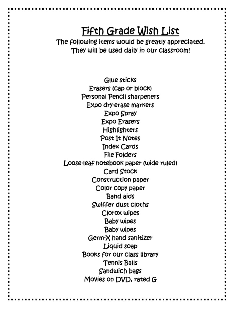Fifth Grade Classroom Supply Wish List | PDF