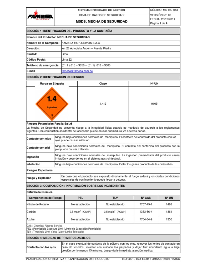 MSDS MECHA DE SEGURIDAD.pdf | Pólvora | Residuos
