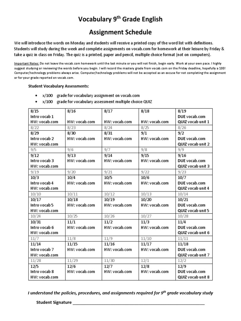 Vocabulary Schedule 9th Grade English | PDF