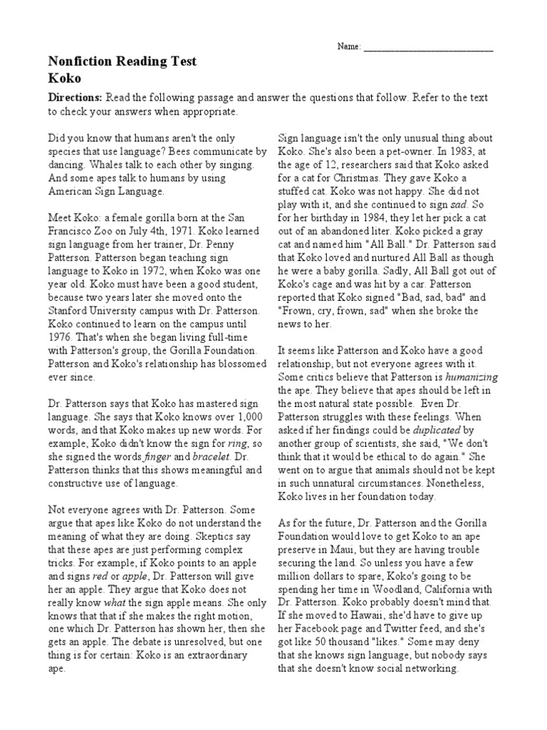 Nonfiction Reading Test Koko | PDF