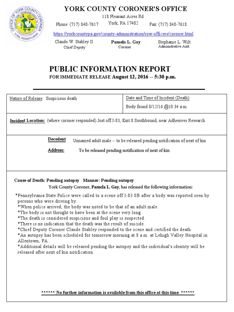 York Co. Coroner Release On Body Found Near I-83 August 12 | PDF ...