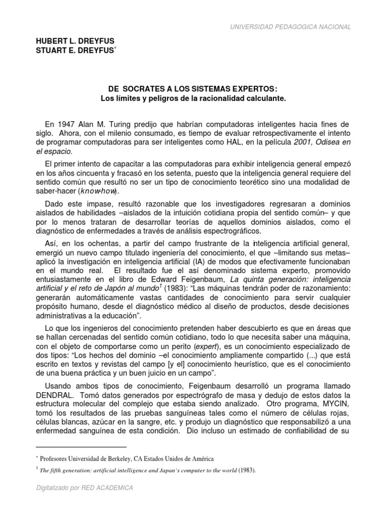 De Sócrates A Los Sistemas Expertos. Hubert Dreyfus Stuart Dreyfus ...