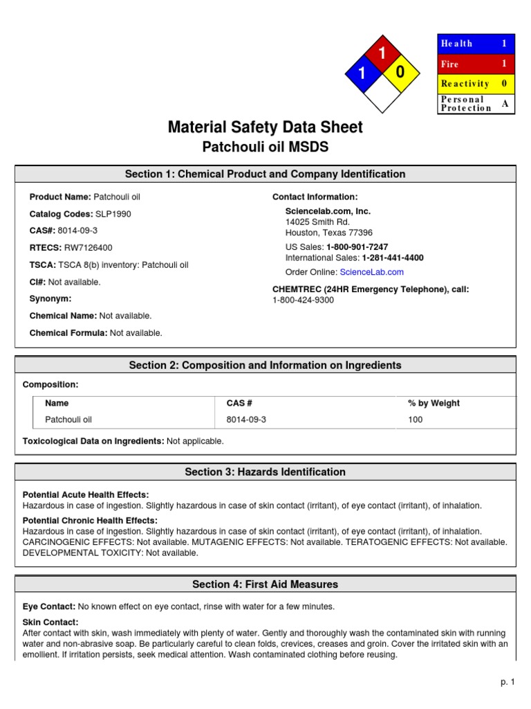 Patchouli Oil MSDS: Section 1: Chemical Product and Company ...