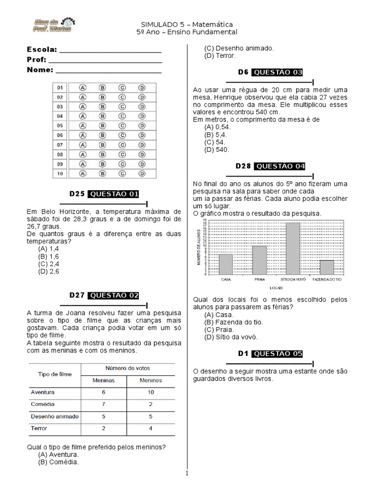 Simulado 5 (Mat. 5º Ano) - Blog Do Prof. Warles | PDF