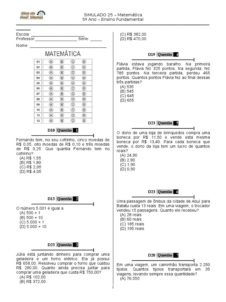 Simulado 25 (Mat. 5º Ano) - Blog Do Prof. Warles | PDF