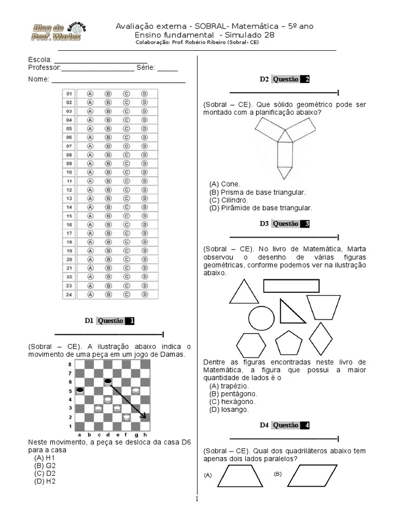 Simulado 28 (Mat. 5º Ano) - Blog Do Prof. Warles | PDF | Ensino de ...