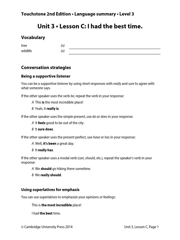 Unit 3 - Lesson C: I Had The Best Time.: Touchstone 2nd Edition - Language Summary - Level 3 ...