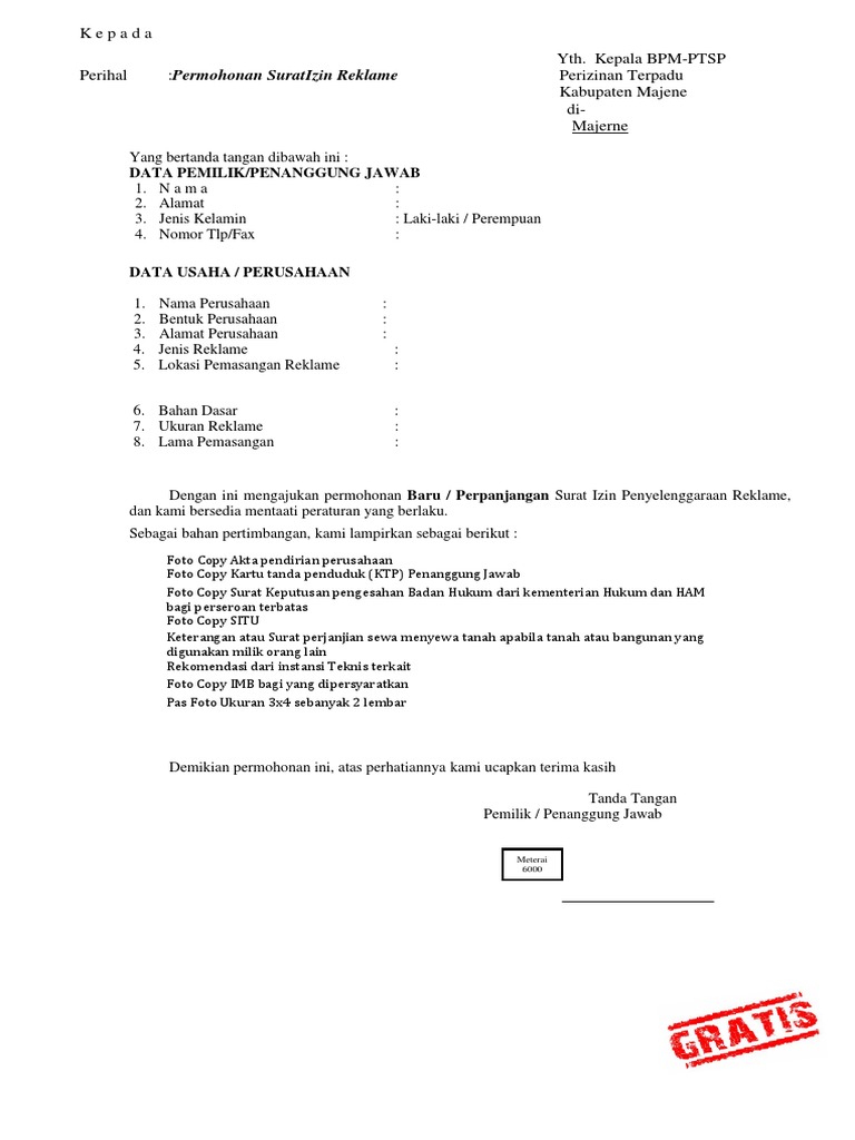 Formulir Permohonan Izin Reklame | PDF