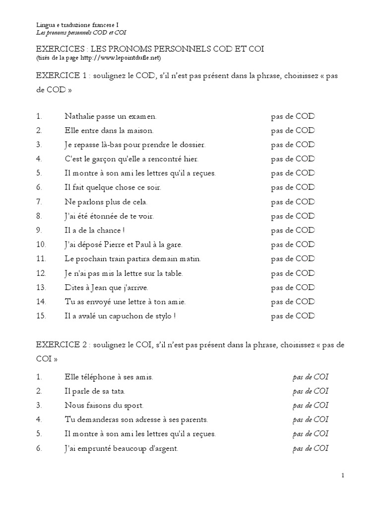 Exercices sur les pronoms COD et COI | PDF