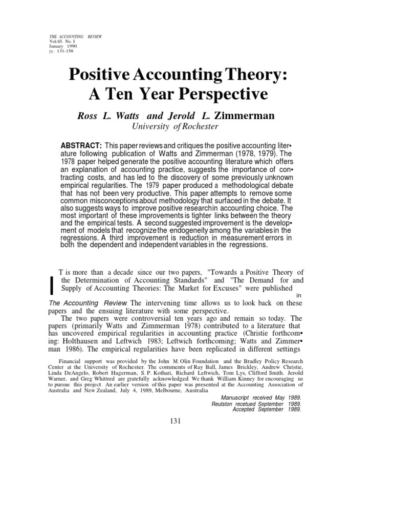 Positive Accounting Theory: A Ten Year Perspective: Ross L. Watts and ...