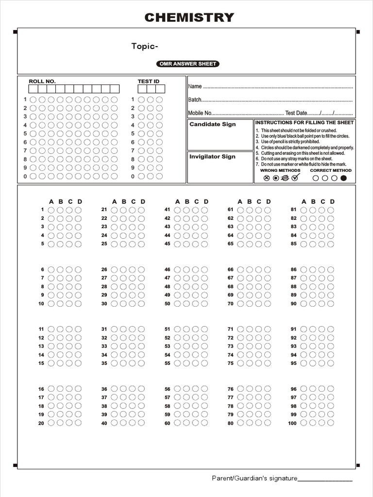 100 Questions OMR Sheet