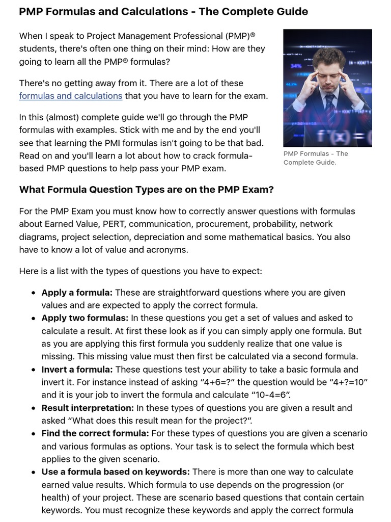 PMP Formulas and Calculations - The Complete Guide | PDF | Teaching ...