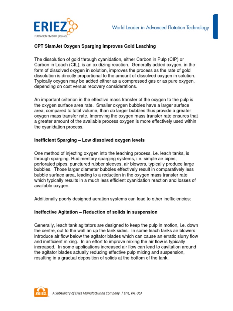 Oxygen Sparging For Gold Leaching | PDF | Oxygen | Industries