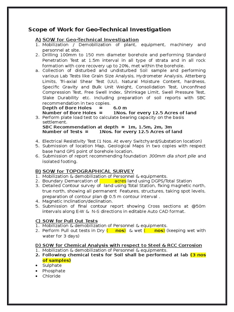 SOW For Soil Investigation-1 | PDF | Geotechnical Engineering | Materials