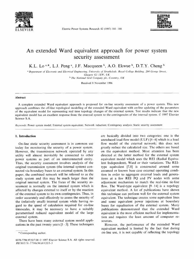 1996 An Extended Ward Equivalent Approach For Power System Security Assessment (Elsv) PDF ...