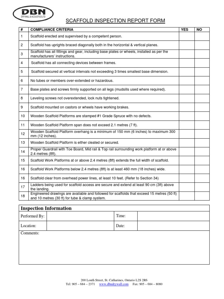 Scaffold Inspection Report Form: # Compliance Criteria Yes No | PDF