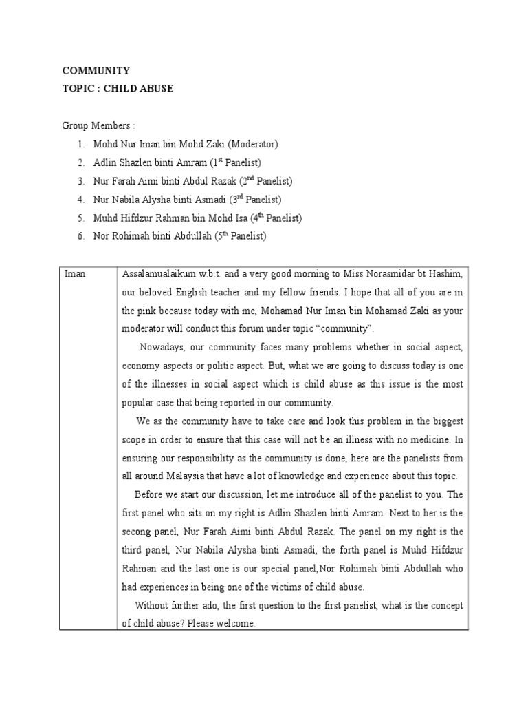 Child Abuse Forum Script | Child Abuse | Child Neglect