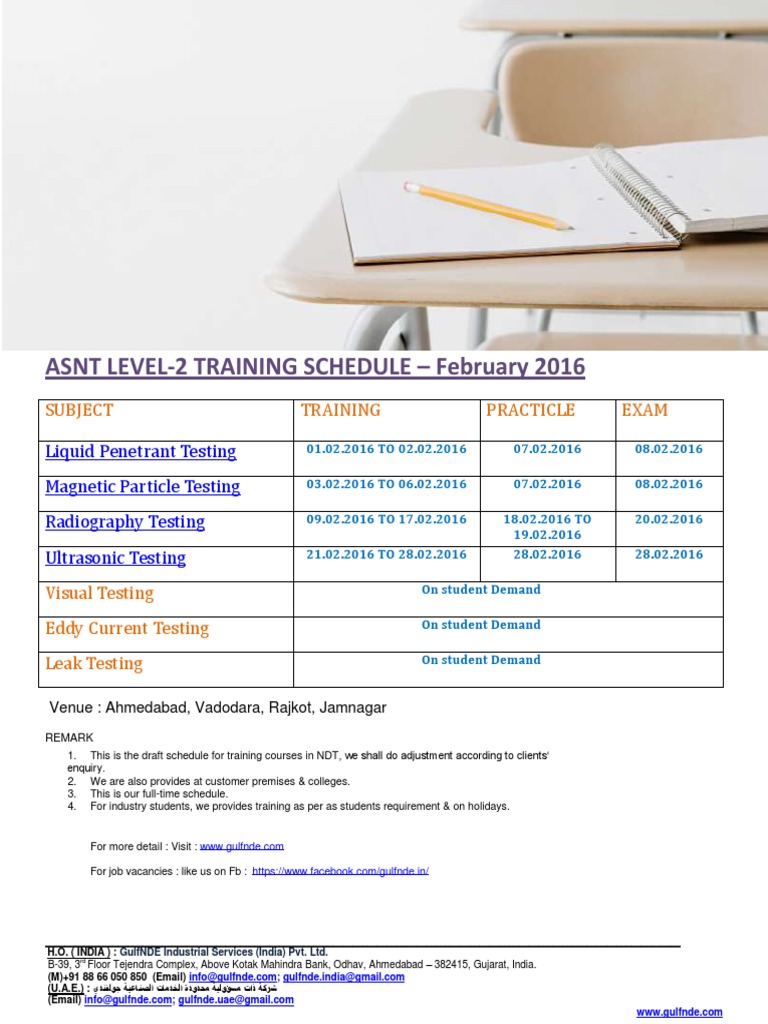 NDT Level-2 Training Schedule - Gulfnde India - February 2016 | PDF