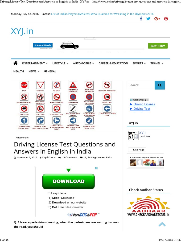 Driving License Test Questions and Answers in English in India | PDF ...
