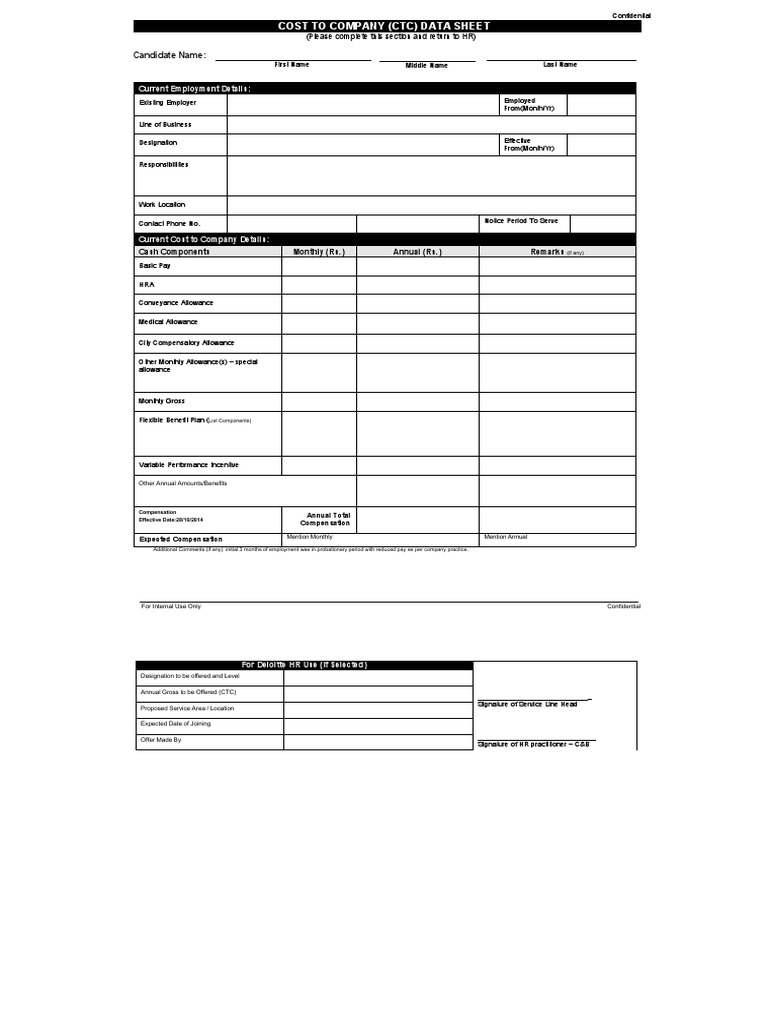 Cost To Company (CTC) Data Sheet: Candidate Name | PDF