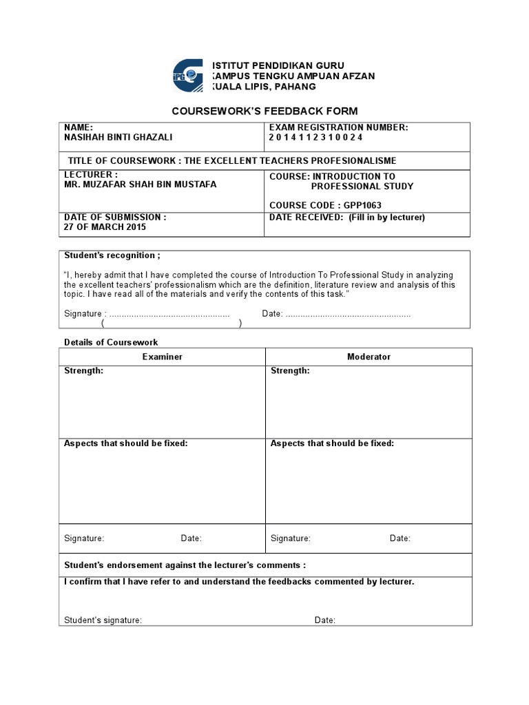Coursework'S Feedback Form: Nstitut Pendidikan Guru Kampus Tengku ...