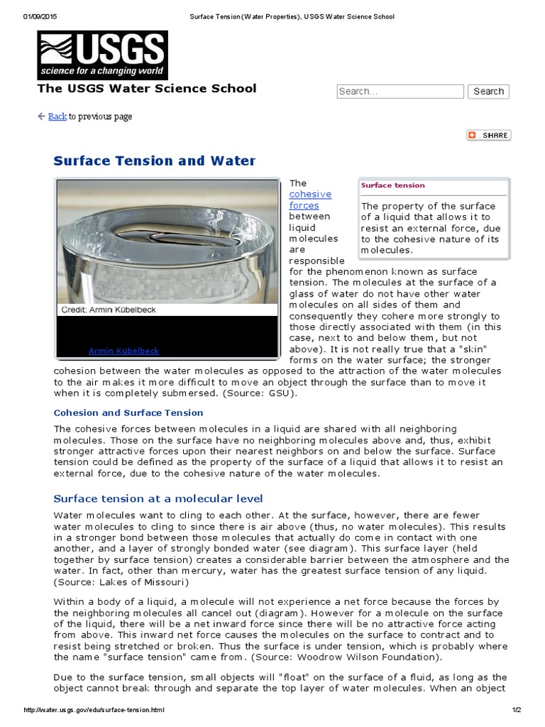 Surface Tension (Water Properties), USGS Water Science School | PDF ...