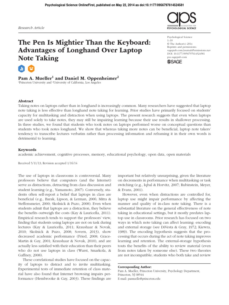 The Pen Is Mightier Than The Keyboard: Advantages of Longhand Over ...